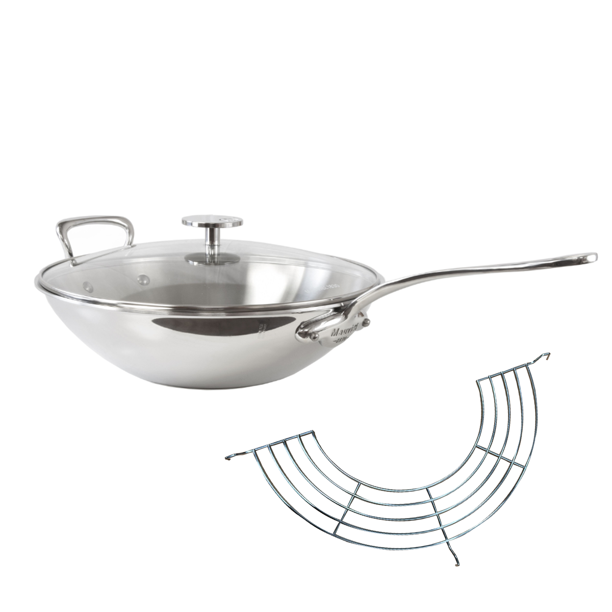 Mauviel M'COOK 5-Ply Wok With Rack, Cast Stainless Steel Long Handle ...